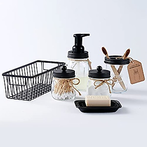 Mason Jar Bathroom Accessories Set(6PCS) - Foaming Soap Dispenser,Toothbrush Holder,Qtip Holder,Apothecary Jars, Soap Dish,Metal Wire Storage Organizer - Rustic Farmhouse Decor (Black)