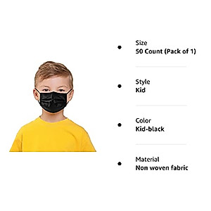 YHDOLL 50PCS Kids Masks 3 Ply Black Disposable Face Shield Filter Protection Breathable Dust Proof for Children, Boys and Girls(Pack of 50,Black)