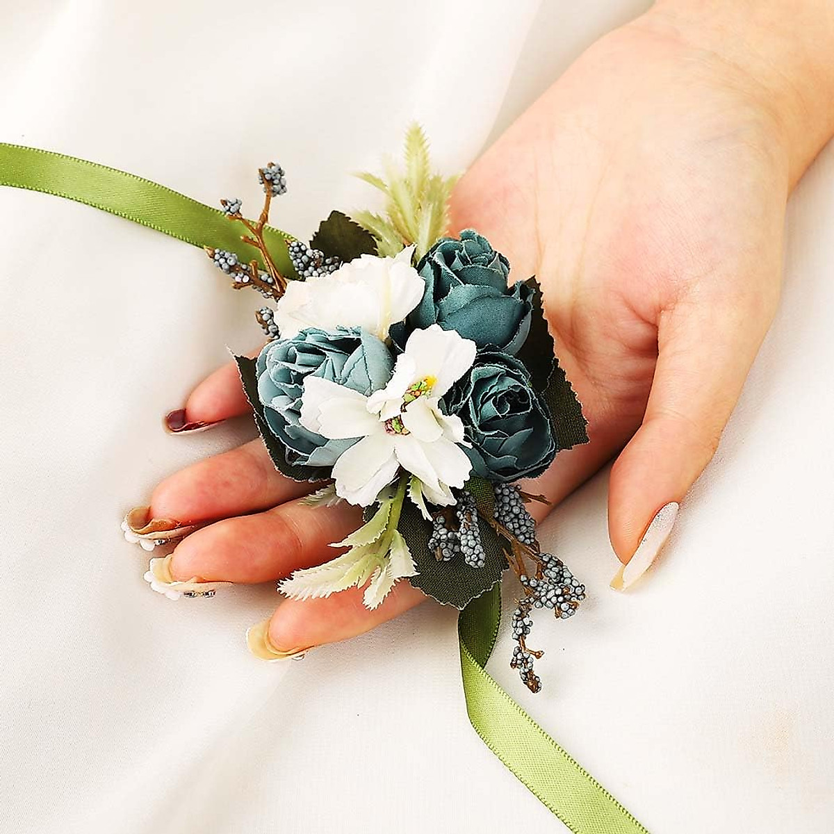 Yean Rose Bride Wedding Wrist Corsage Bridal Hand Flowers Wristlet Bridesmaid Ribbon Corsages Accessories for Women and Girls (Blue)