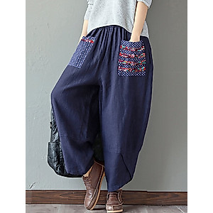 Minibee Women's Baggy Linen Wide Leg Trousers Casual Patchwork Elastic Waist Harem Pants Navy Blue 2XL