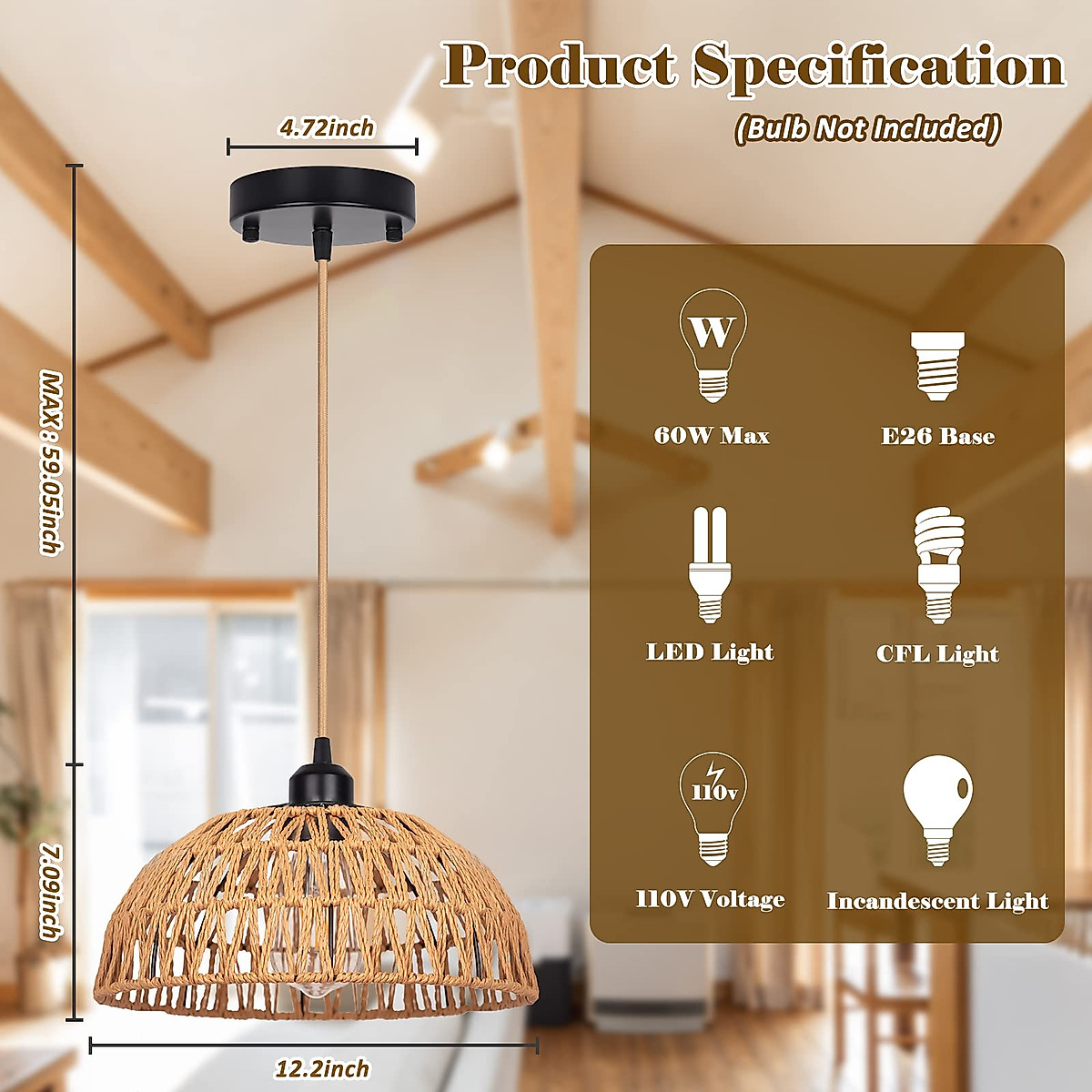 Yolsunes Rattan Pendant Light Fixtures 2 Packs, Boho Woven Basket Pendant Light, Handmade Wicker Hanging Lamp, Rattan Chandelier for Kitchen Island, Dining Room, Living Room, Bedroom, E26 Base