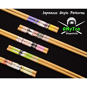 OMyTea Chopsticks Reusable - Japanese Bamboo Chopsticks 5 Pairs Gift Sets, 8.9 Inch/22.5cm, for Sushi, Ramen, Noodles, Rice, Camping, Travel (Geisha Girl)
