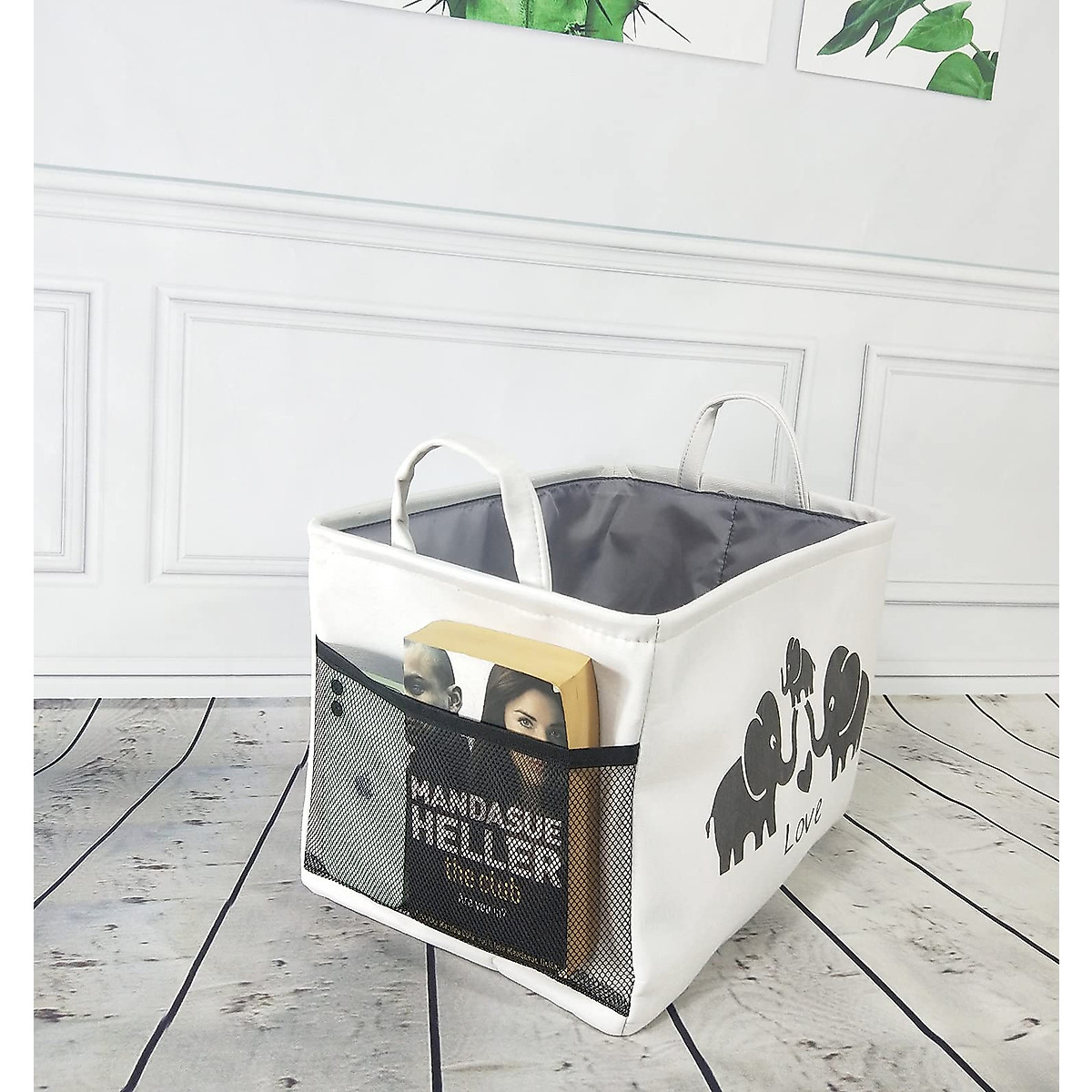 HIYAGON 2 Pack Rectangular Storage Basket,Canvas Toys Storage Bin Organizer,Large Storage Box with Sides Mesh pockets for Home,Shelves,Closet,Bedroom(2 Love Elephants)