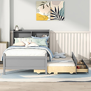 Harper & Bright Designs Twin Bed Frame with Bookcase Headboard, Wooden Twin Size Platform Bed with Trundle and 3 Storage Drawers,Twin Storage Bed for Kids Girls Boys,No Box Spring Needed,Grey