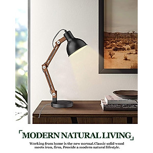 ELYONA LED Sapele Wood Desk Lamp with Upgraded Wireless Charger & USB C Charging Port Modern Table Lamp Swing Arm Bedside Reading Task Light for Dorm Office Bedroom Living Room Bulb Included Black