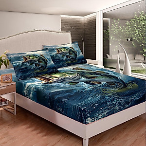 Feelyou Pike Fish Bed Sheet Set Twin Size Bass Big Fish Fitted Sheet for Kids Boys Girls Decor Fishing and Hunting Bedding Set Ocean Theme Bed Cover Deep Pocket