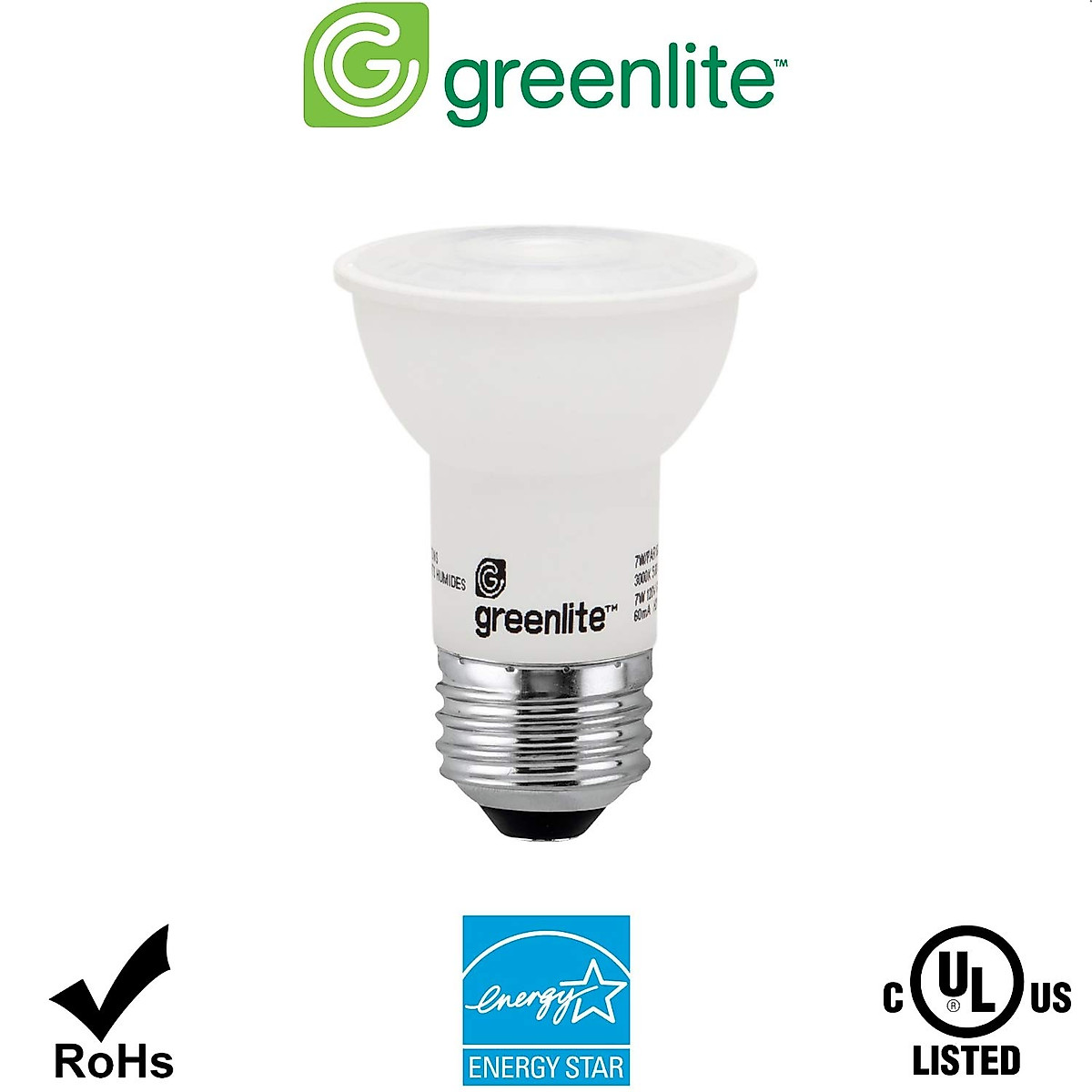 Greenlite LED PAR16 Dimmable Flood Light Bulb, 7W (60W Equivalent), 500 Lumens, 3000k Bright White, Indoor/Outdoor, 120V, Energy Star, (2 Pack)