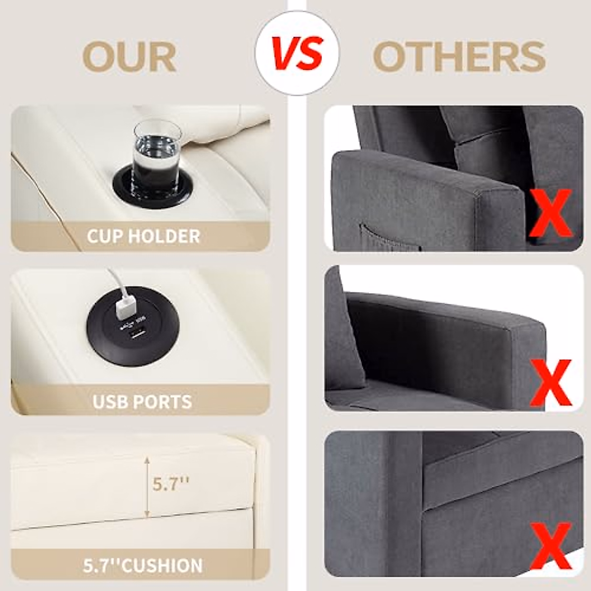 DURASPACE 39 inch Futon Chair Bed Convertible Chair 3-in-1 Pull Out Sleeper Reading Chair Beds with USB, Armchair Sleeper Bed for Living Room, Dorm, Small Space (Off White Faux Leather)