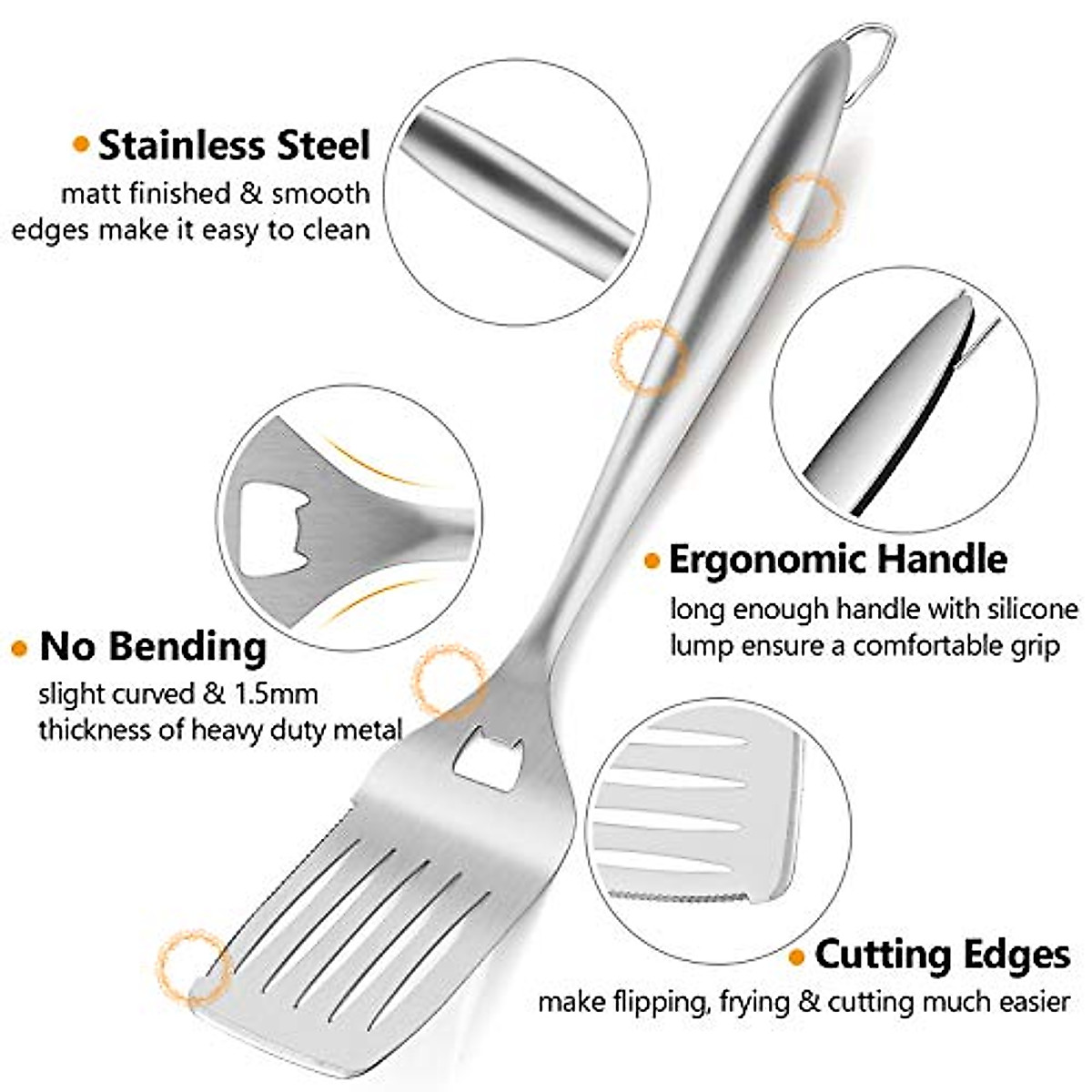 HaSteeL Grilling Utensil Set 18in, Stainless Steel BBQ Accessories Tools with Bag for Outdoor Cooking Camping, Heavy Duty Grill Spatula, Tong, Meat Fork, Basting Brush, Cleaning Brush, Man’s Gift
