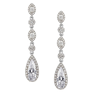 SWEETV Long Pear-Shaped Wedding Birdal Earrings for Brides, Bridesmaids, Crystal Chandelier Dangle Drop Earrings for Women Prom, Silver