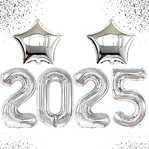 KatchOn, Huge 40 Inch 2025 Balloons Silver - New Years Balloons | Star Balloons, 2025 Silver Balloons for New Years Eve Party Supplies 2025 | Happy New Year Decorations 2025 for New Years Eve Decor