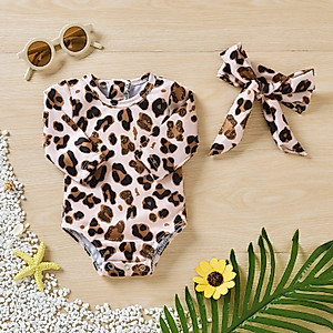 Newborn Infant Baby Girls One Piece Long Sleeve Swimsuit Leopard Bathing Suit Swimwear Beach Wear 0-3 Months Cheetah
