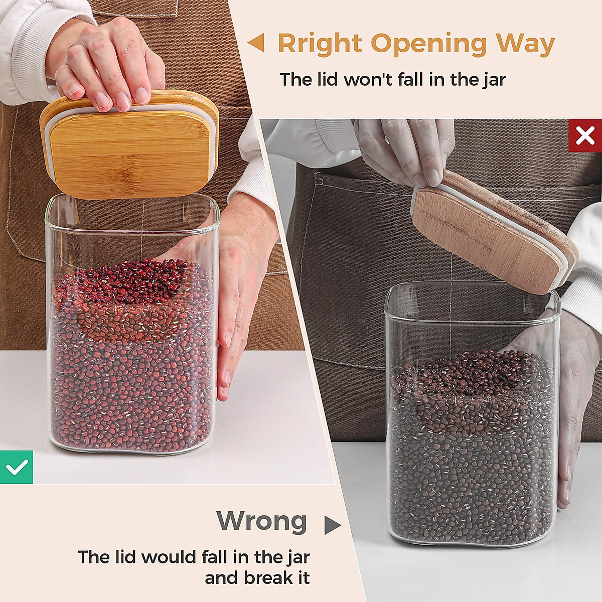 ComSaf Glass Pantry Storage Containers, 156/51 oz Large Square Flour and Sugar Containers with Airtight Lids, Gallon Glass Jars with Bamboo Lids for Rice, Pasta, Cookies, Coffee Beans