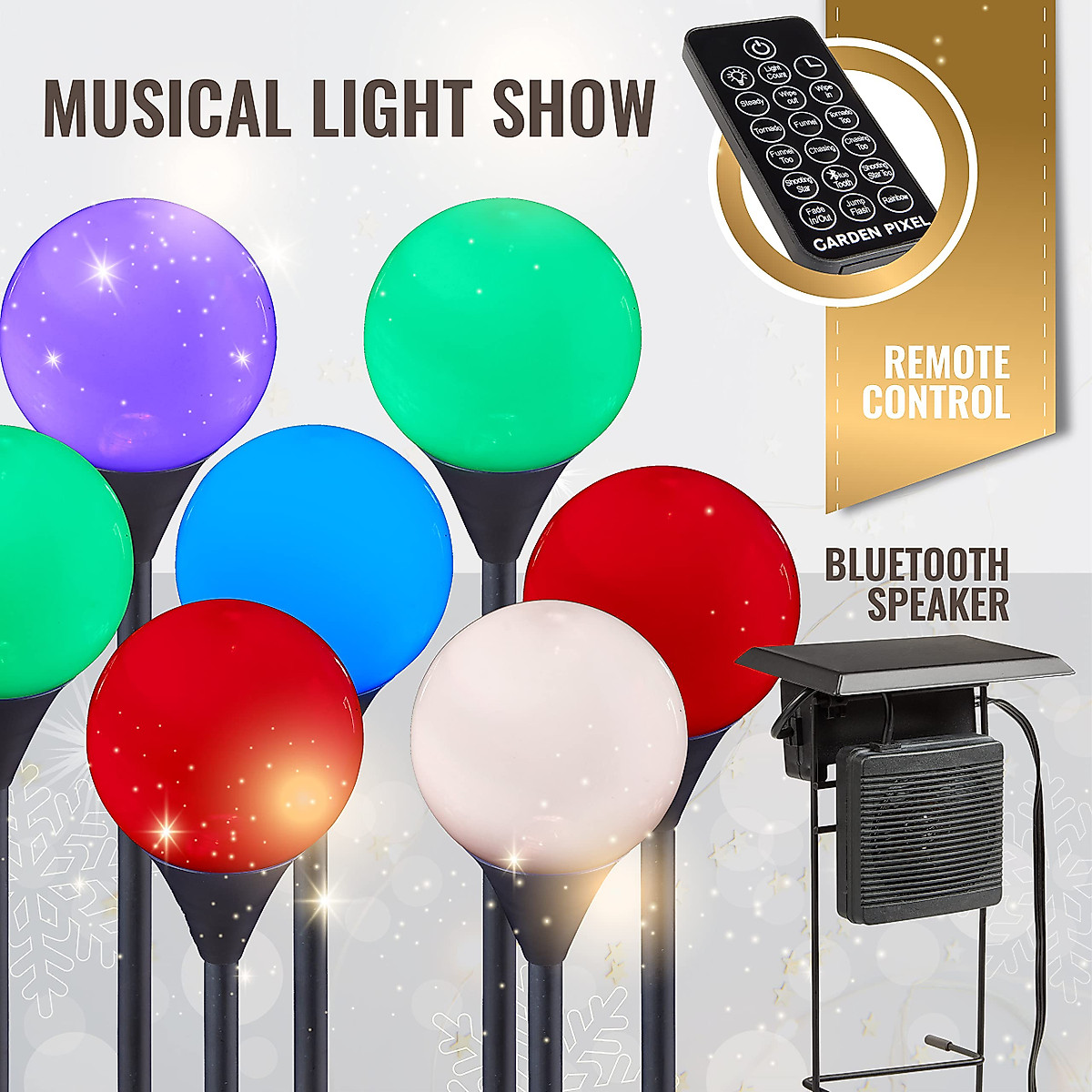 Aurio Outdoor Garden Pathway Yard Spikes, Color Changing Lights with Bluetooth Speaker, Smart Pixel Bulbs, 15-Pack