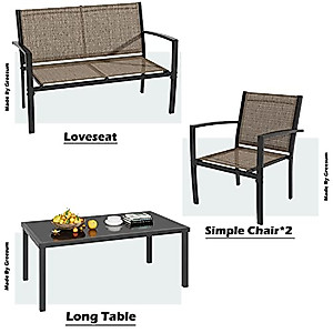 Greesum GS-LCT4PCSBN 4 Pieces Patio Furniture Set Outdoor Conversation Textilene Fabric Chairs for Lawn, Garden, Balcony, Poolside with A Glass Coffee Table, Brown