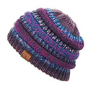 C.C Soft Stretch Cable Knit Messy Bun Ponytail Beanie Winter Hat (MB-705) (Purple Mix)