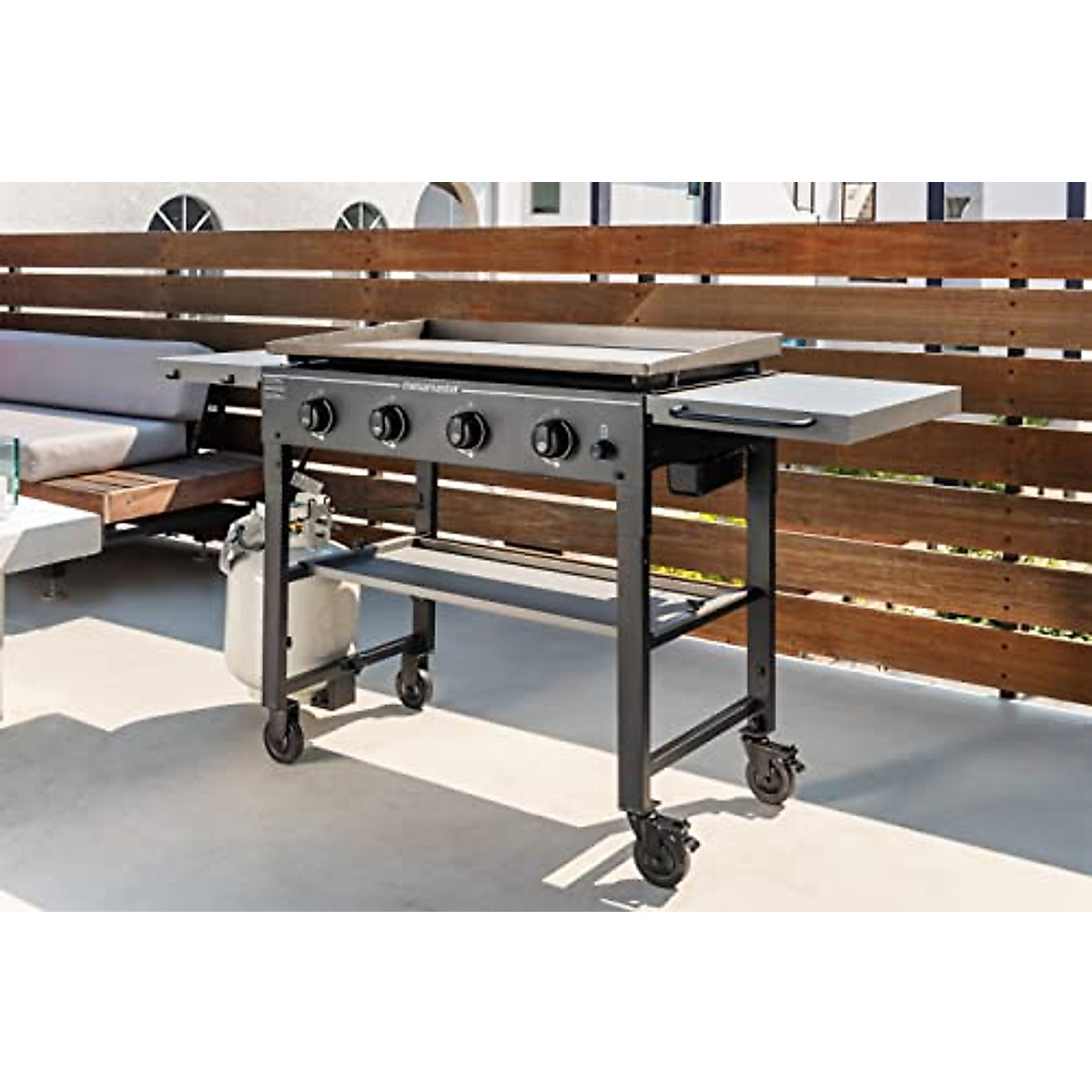 Megamaster 720-0786F Outdoor Portable Cooking 4-Burner Propane Gas Griddle Grill, Flat Top for Camping, Outdoor Cooking, Patio, Garden, Cart with Caster, Side Shelves with Hooks, Black and Grey