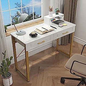 WESTREE Modern Makeup Vanity Desk with Glossy Desktop,Bedroom Home Office Writing Desk with Drawers, Storage Shelf, Gold Metal Frame for Dressing Table Without Mirror