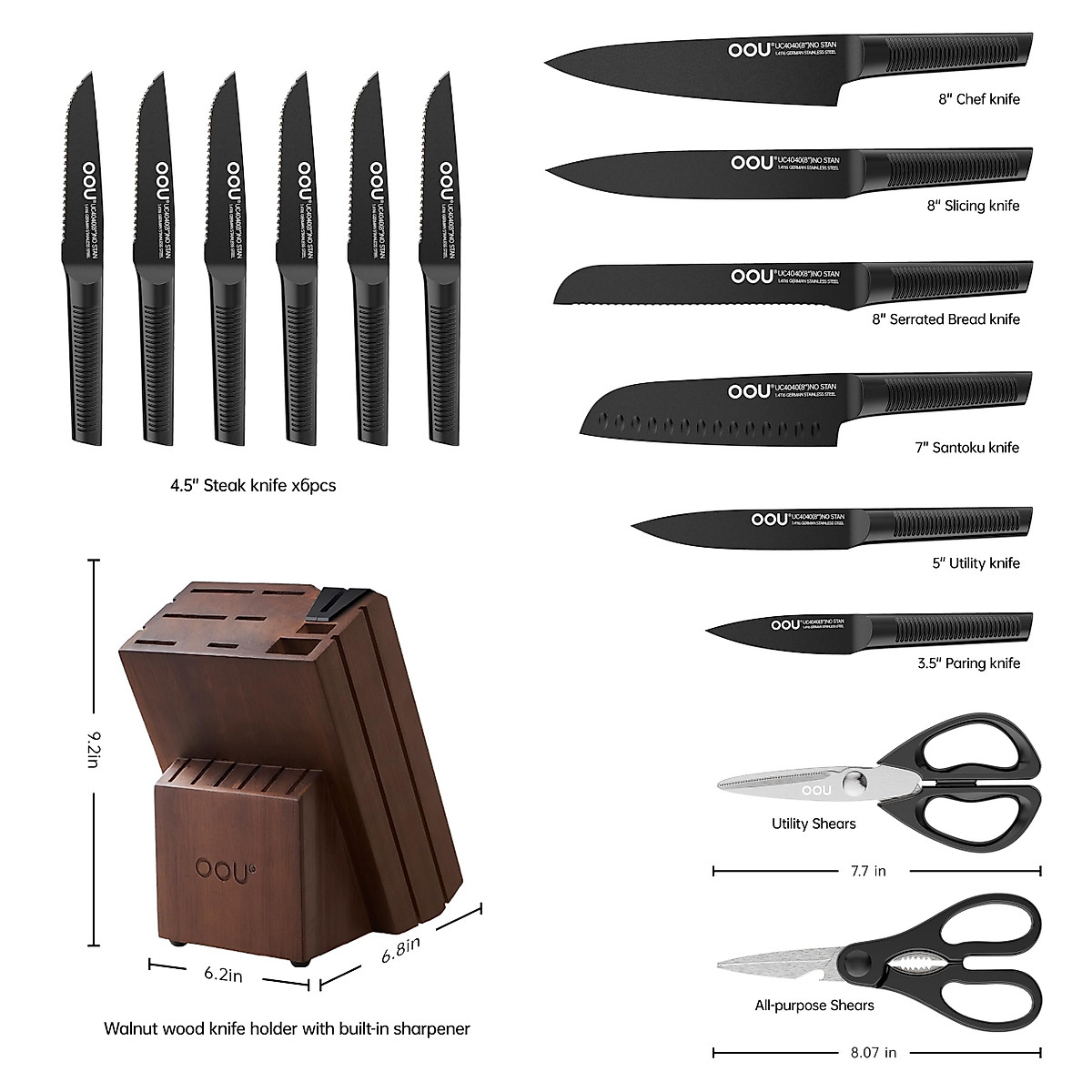 OOU! Kitchen Knife Set with Block, 15 Pieces High Carbon Stainless Steel Knife Block Set, Professional Chef Knife Set with Built-in Sharpener, Ergonomic Handle