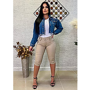 Moda Xpress Womens Juniors Khaki Butt Lifting Mid Rise Denim Capris Size 17 10003U