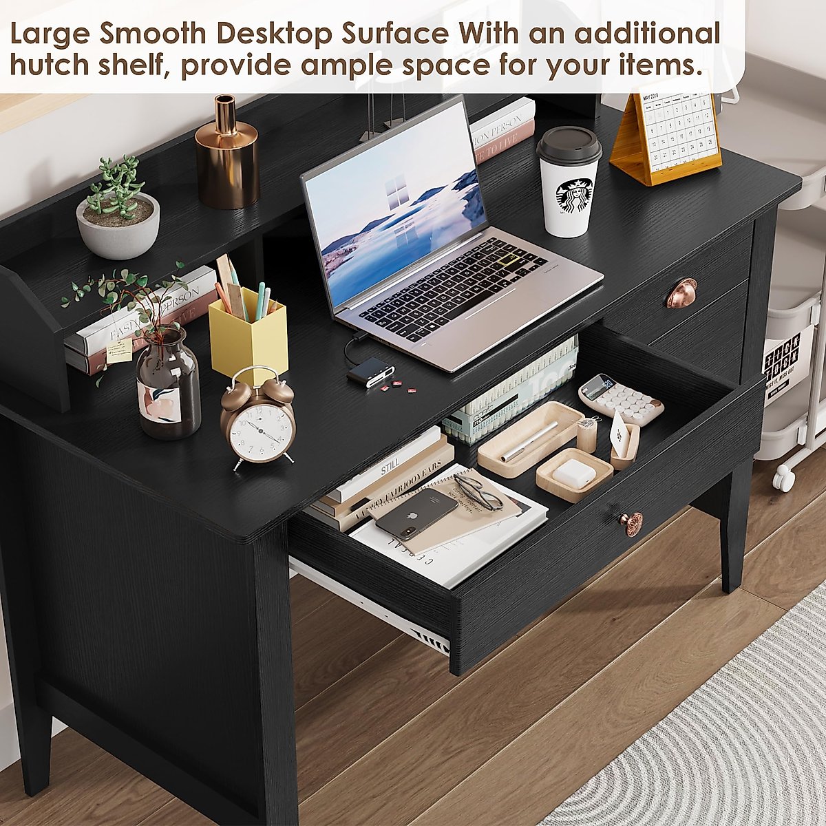 TTVIEW Computer Desk with Storage Drawers & USB Charging Port, Home Office Executive Desk with Hutch Shelf and File Drawer, Writing Study Table with 47" Wide Tabletop for Small Spaces, Black