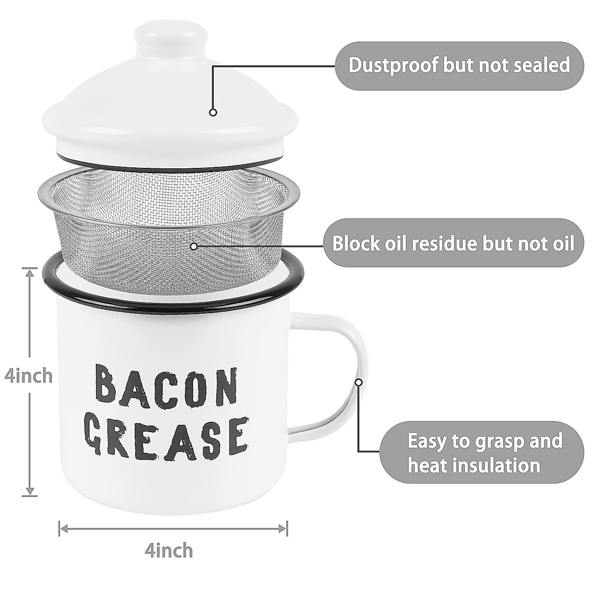 HOOMUU Bacon Grease Container with Fine Strainer - Farmhouse Style White Enamel Can for Kitchen Counter Storage Decor - Durable & Easy to Clean Cooking Oil Keeper 4 X 4 Inch