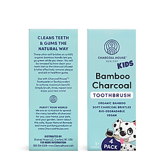 Charcoal House 4-Pack Kids Organic Bamboo Charcoal Toothbrushes Set - Biodegradable & Natural - Perfect for Toddler to Children's Age - with Soft Bristles for Gentle Brushing