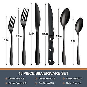 48-Piece Black Silverware Set for 8, Stainless Steel Flatware Cutlery Set with Steak Knives, Stain Finish Kitchen Utensil Tableware Set, Includes Spoons Forks Knives for Home Hotel, Dishwasher Safe