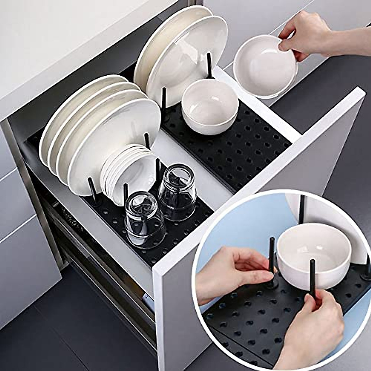 BYBYCD Dish Drying Rack Bowl Pot Storage Holder Drawer Organizer Tray Telescopic Adjustable ABS Kitchen Shelf Organizer for Food Containers Cookware