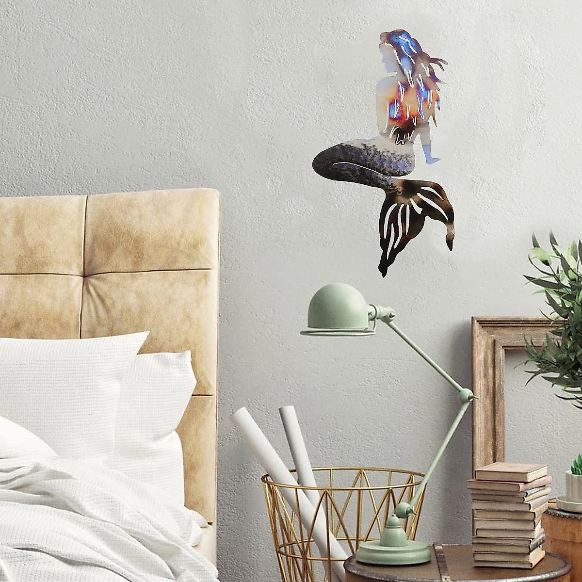 Mermaid Metal Wall Decor, Hanging Mermaid Wall Decoration, Stainless Steel Mermaid Sculpture for Home Garden Beach Decoration (Sliver)