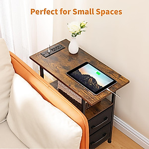 LAKEMID Narrow Side Table Set 2 with LED Light and USB C Port, Night Stand with Charging Station, Skinny End Table with 2 Fabric Drawers, for Bedroom, Living Room, Rustic Brown