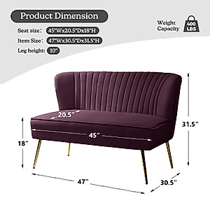 TINA'S HOME Contemporary Velvet Loveseat Sofa, Upholstered Loveseat Couch with Golden Metal Legs, Small Tufted 2-Seat Sofa Armless Love Seat for Living Room, Bedroom, Apartment Small Spaces, PURPLE