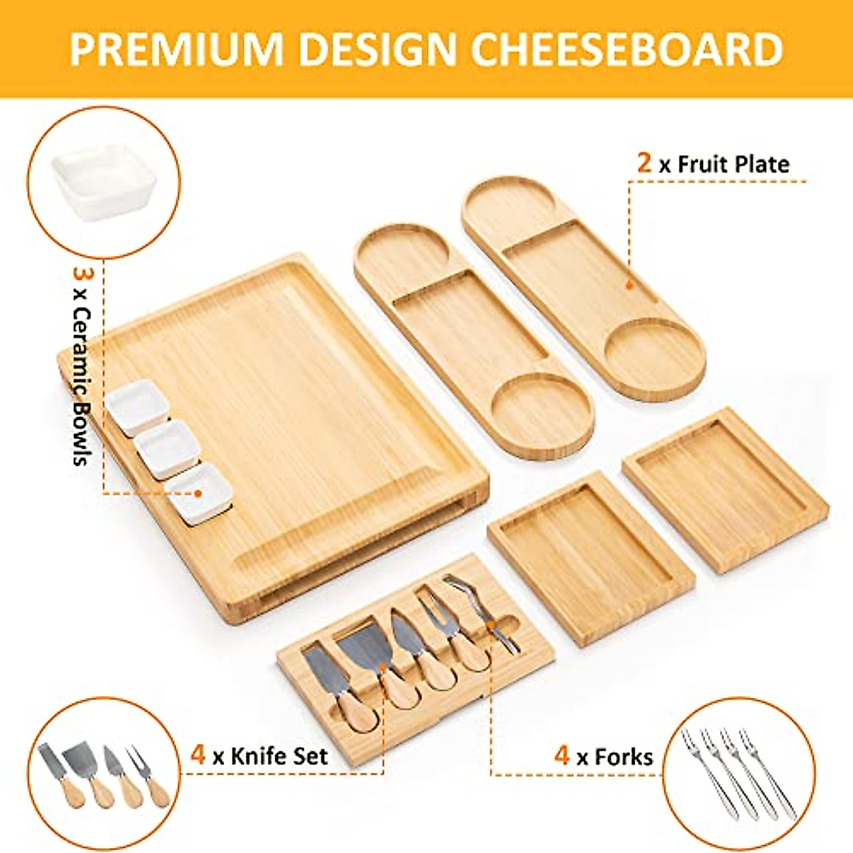 Charcuterie Board Set - FamRica Extra Large Cheese Board with 2 Drawers, Bamboo Cheese Tray Serving Board - Unique, Wedding, Housewarming, Birthday Gifts