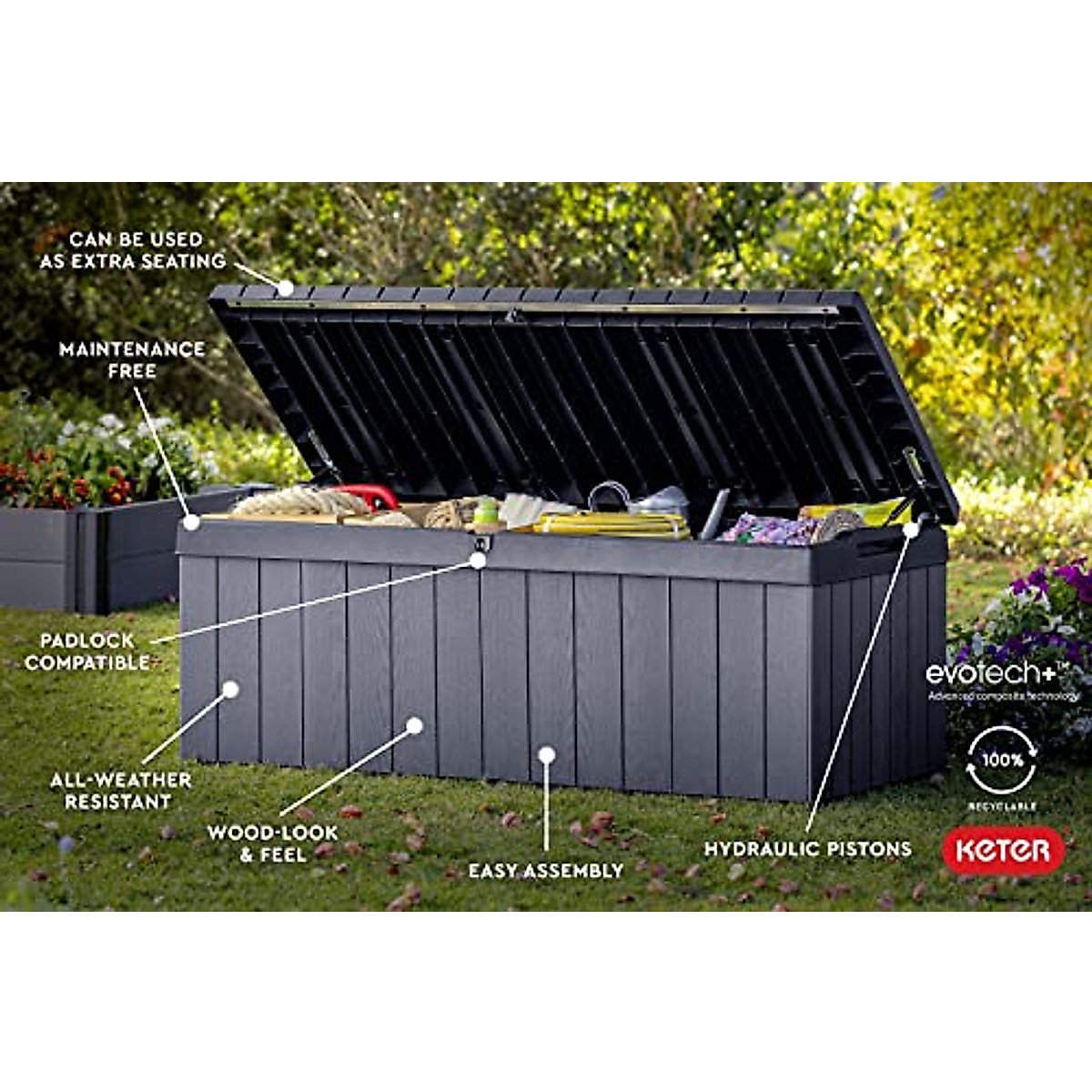 Keter Darwin 100 Gallon Resin Large Deck Box - Organization and Storage for Patio Furniture, Outdoor Cushions, Garden Tools and Pool Toys, Grey & Black