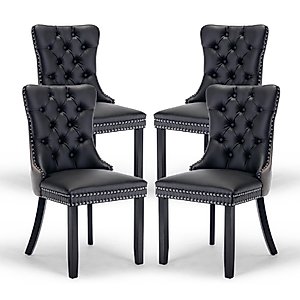 SoarFlash Leather Dining Chairs Set of 4, Tall Back Side Chair, Modern Upholstered Side Chair with Button Back Ring, Solid Wood Legs (Black&Grey)