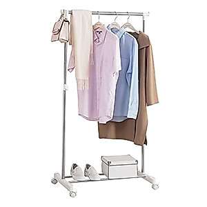 BAOYOUNI Single Rod Clothing Garment Rack on Wheels Metal Rolling Clothes Display Hanging Rail Coat Stand Storage Holder Organizer, Height Adjustable (Ivory)