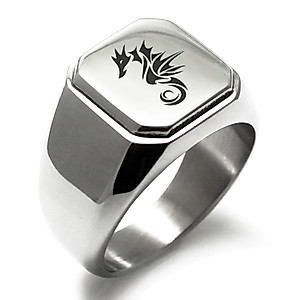 Stainless Steel Tribal Seahorse Square Flat Top Biker Style Polished Ring, Size 10