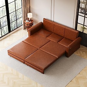 Star20XX Chesterfield Sofa, 93.7 Inches King Pull Out Sofa Bed, 3-in-1 Leather Convertible Sleeper Sofa with Nailhead Trim & Rolled Arm, Multi-Functional Sofa Bed for Living Room, Bedroom, Apartment,