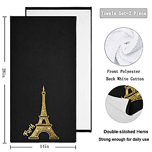 Naanle Beautiful Shiny Eiffel Tower with Gold Glitter Luxury 2-Pack Soft Highly Absorbent Fluffy Guest Decor Hand Towels, Multipurpose for Bathroom, Hotel, Gym and Spa (14" x 28",Black)
