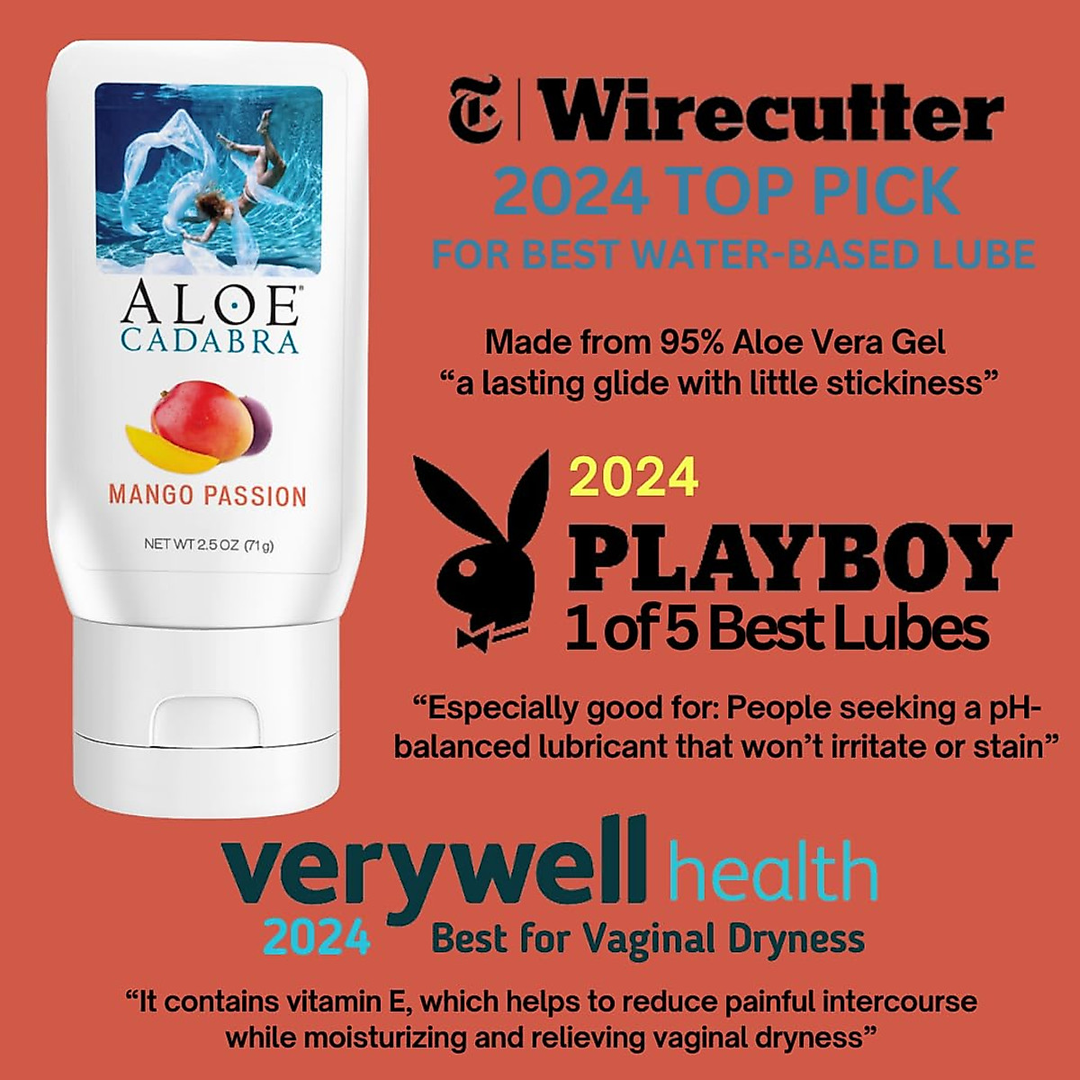 Aloe Cadabra Flavored Personal Lubricant and Vaginal Moisturizer, Organic Edible Aloe Lube for Men, Women and Couples, Non-Staining, pH Balanced, Toy Compatible (Mango Passion, 2.5 Ounces, 1 Pack)