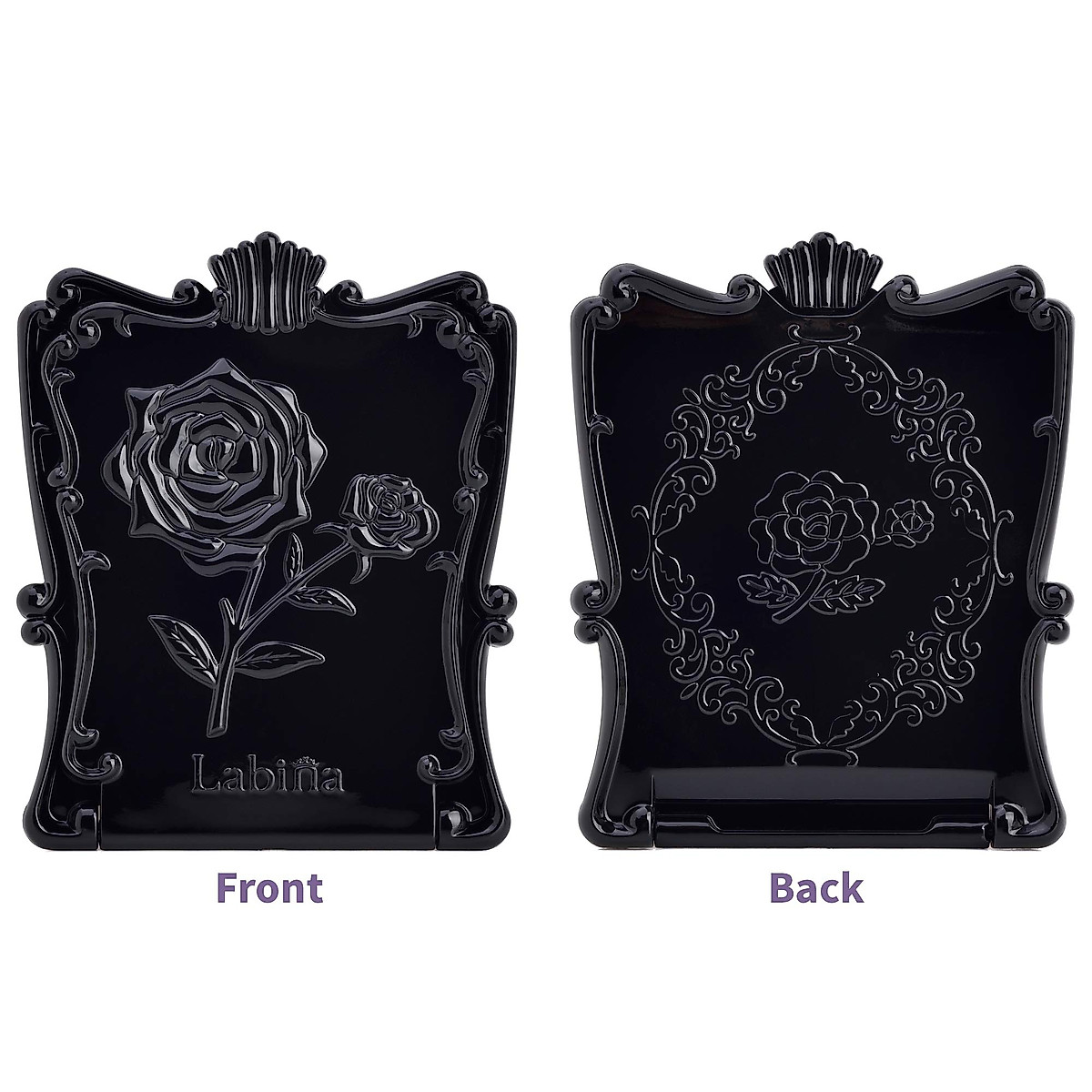 Travel Pocket Makeup Compact Handheld Mirror with Stand, Small Black Rose