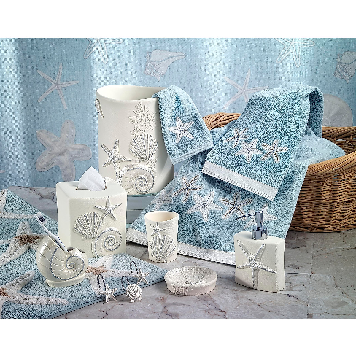 Avanti Linens - Wastebasket, Decorative Trash Can, Seashell Inspired Bathroom Accessories, Guest Bathroom Essentials (Sequin Shells Collection)