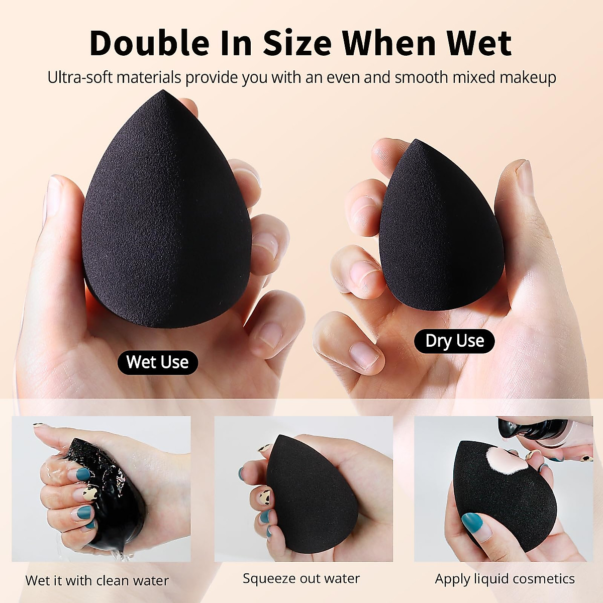 BEAKEY Makeup Sponge Set, 5 Pcs Black Foundation Blending Beauty Sponge, Flawless for Liquid, Cream, and Powder, Latex Free and Vegan Makeup Sponges