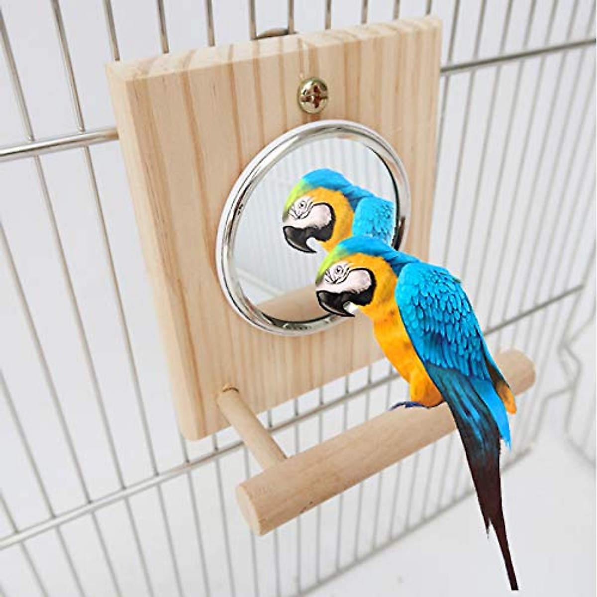 Hamiledyi Bird Mirror with Wooden Perch,Birdcage Fun Platform Stand Toys