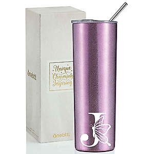 Purple Butterfly Gifts with Initial for Butterfly Lovers, Initial 20oz Stainless Steel Wine Tumbler with Butterfly Alphabet Design, Perfect for Women & Girls, Birthday, Christmas, Mother's Day - J