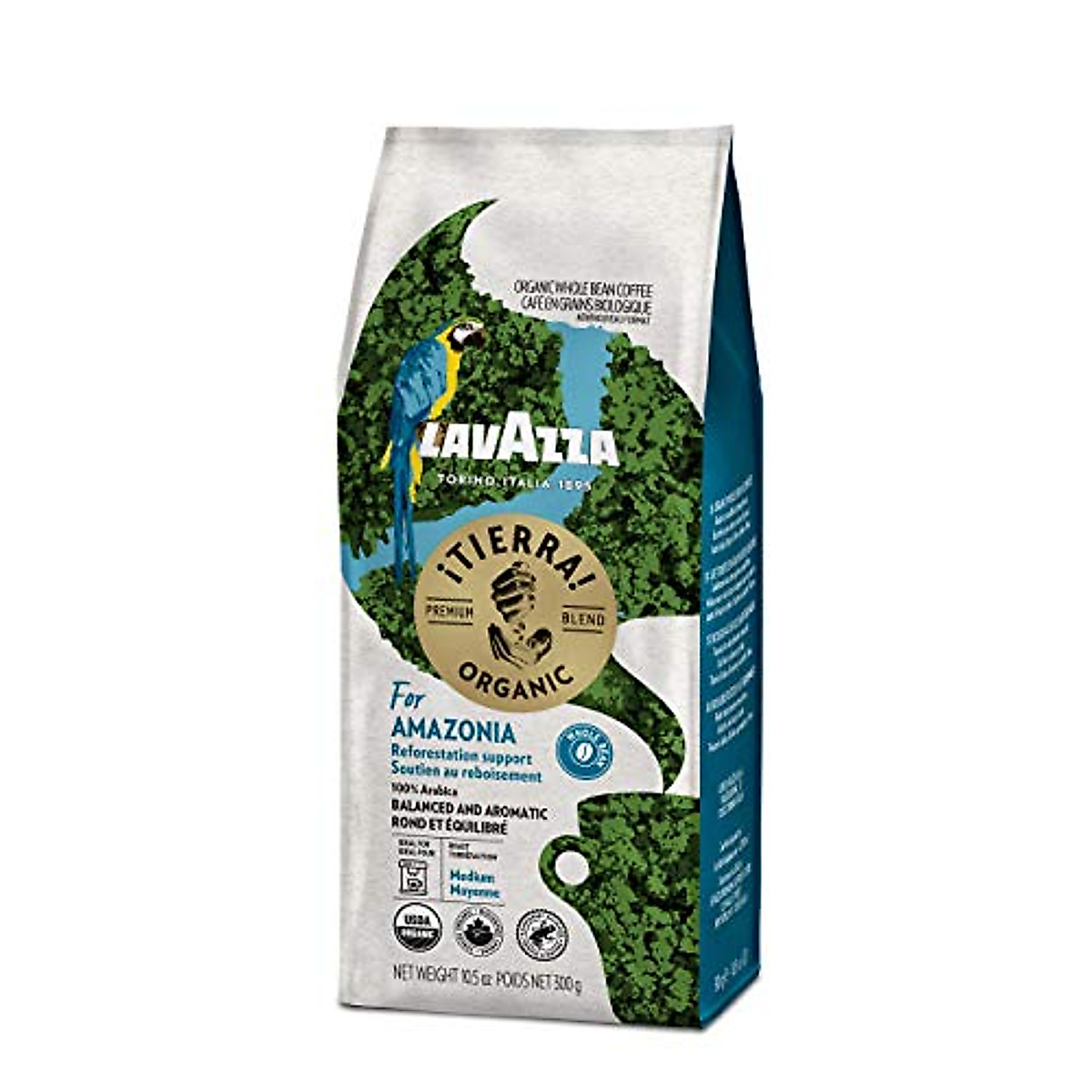 Lavazza, ¡Tierra Organic Amazonia Whole Bean Coffee Medium Roast 10.5 Oz Bag, Floral Notes Authentic Italian, Blended And Roated in Italy, Balanced and Aromatic Fruity and floral notes