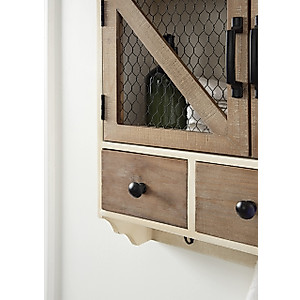 Kate and Laurel Hutchins Wooden Farmhouse Wall Cabinet, 21 x 6 x 20, Rustic Brown and White, Decorative Rustic Cabinet with Three Drawers and 2 Chicken Wire Doors