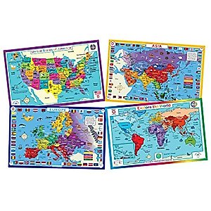 Tot Talk Geography Placemats for Kids - Map Placemats for Kids, Set of 4 Maps: USA, World, Asia, Europe - Reversible with Activities on The Back - Waterproof, Wipeable, Durable, Made in The USA