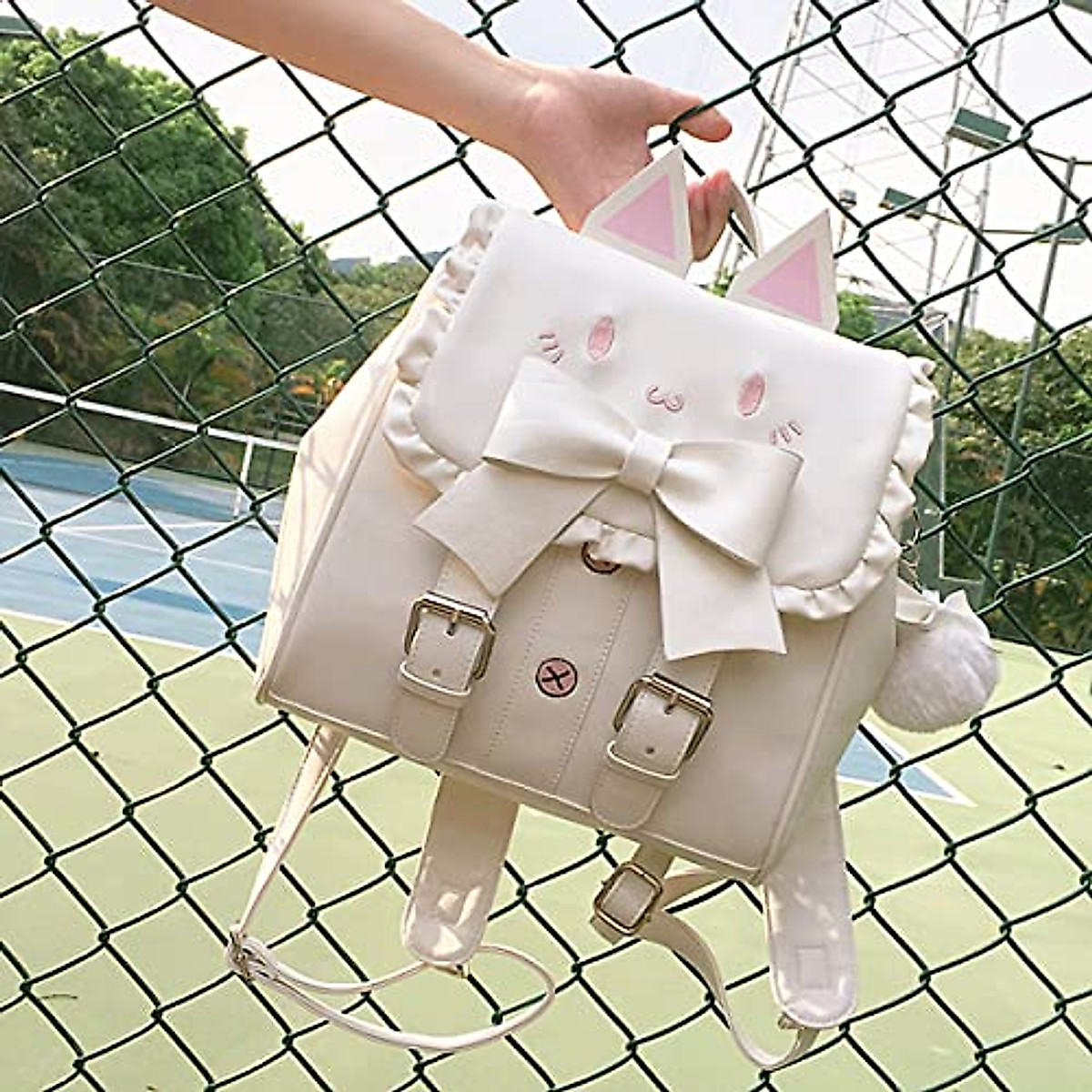 Aiyinuo Lolita Casual Backpack Kawaii Cartoon Cat Embroidery Travel Mochila Big Bowknot Sweet Daypack Schoolbag Campus Bookbag College Bag (White)