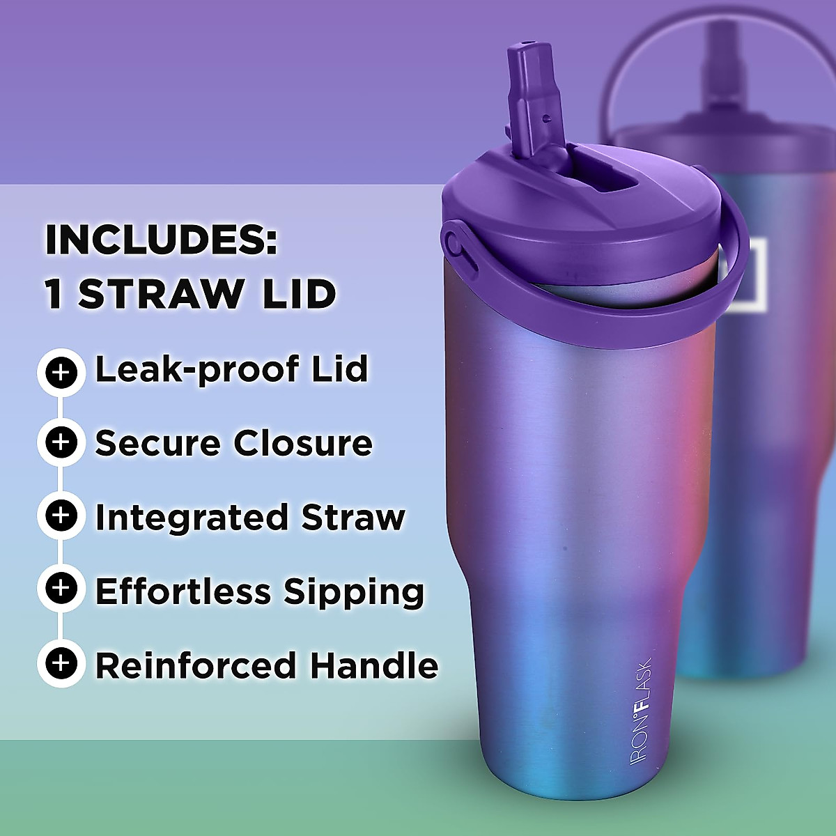 IRON °FLASK Sidekick Insulated Water Tumbler w/Straw & Foldable Handle - Stainless Steel Leak-Proof Bottle, Non-Slip Base & Fits Cup Holders for Hot, Cold Drinks - Travel Mug - 30 Oz, Aurora